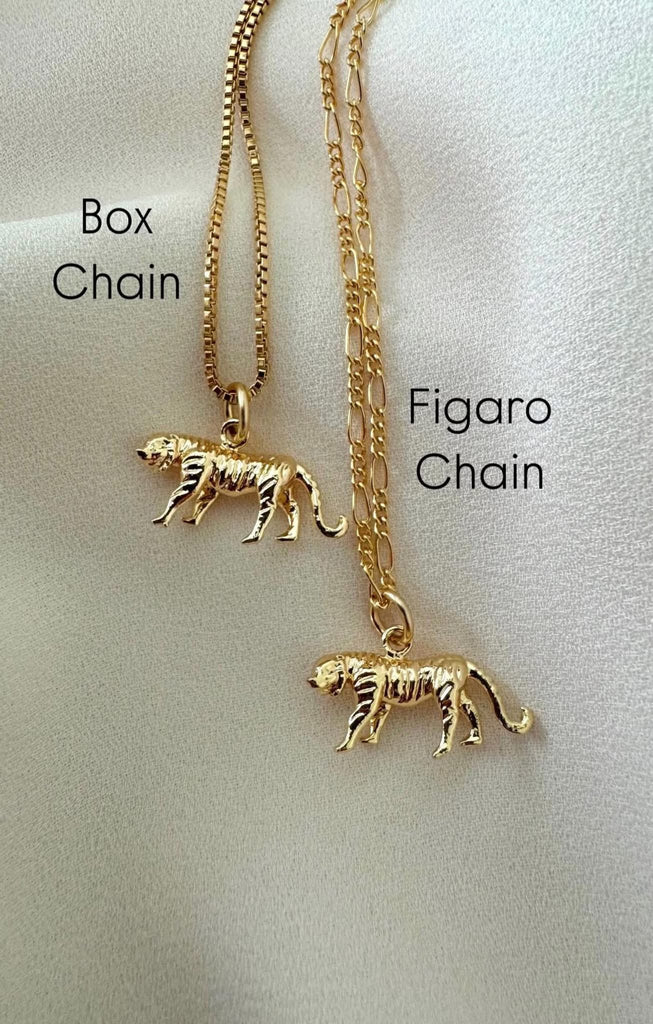 Gold Filled Tiger Pendant Necklace - Box Chain - Figaro Chain – The ...